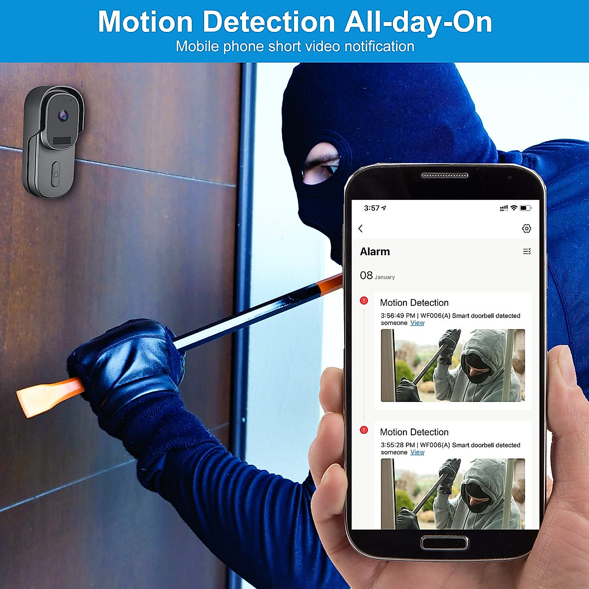 1080P WiFi Video Doorbell Camera,Work with Alexa, Google Home,Waterproof Camera with Motion Detection/Auto Light-up Chime/2-Way Audio/Night Vision Support 128G&Could Storage(Powered by Wired&Battery)