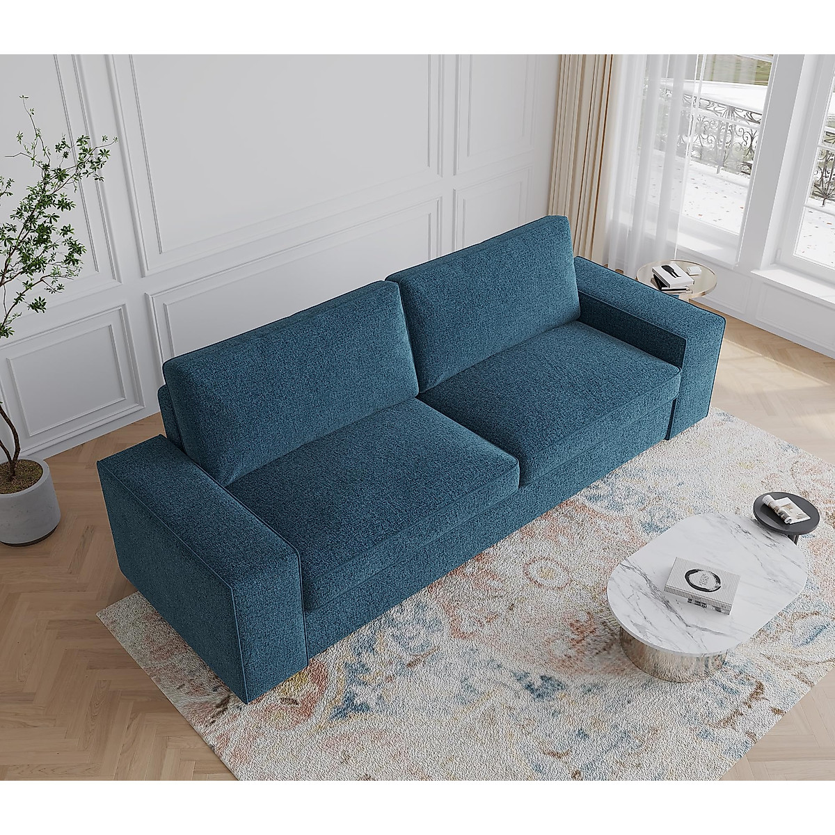UIXE 80" Loveseat Sofa, Modern Love Seat Living Room 3-Seater Couches with Linen Fabric Cushion, Mid Century Upholstered Wide Track Armrest Couch Comfy Solid Wood Furniture for Bedroom, Blue