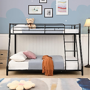 Neylory Metal Bunk Bed Twin Over Full Heavy Duty Bunk Beds with Guardrails and Built-in Ladders Industrial Steel Bunkbed Frame for Boy Girl Kid Teens(Full over Twin)