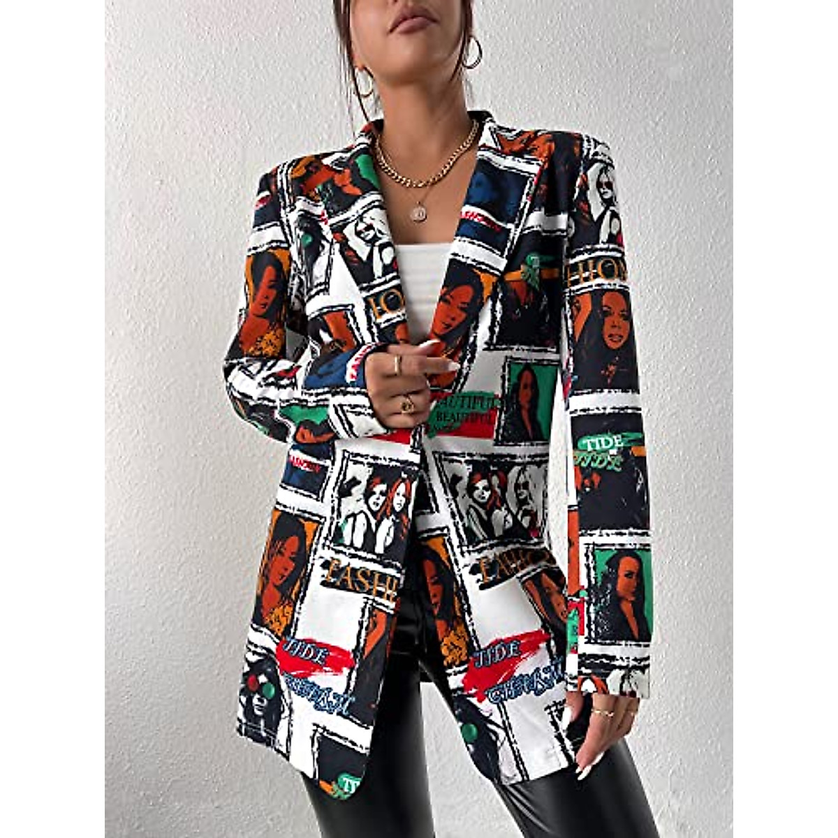 WDIRARA Women's Graphic Print Button Front Long Sleeve Causal Work Blazer Jacket Coat Multicolor White M