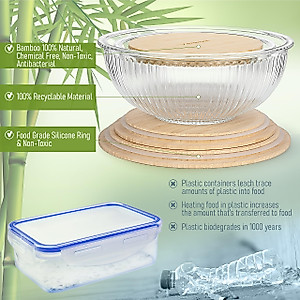 dokaworld Stackable Space-Saving Nesting Set of 3 Glass Bowls with Bamboo Lids for Foodprep, Storage, Mixing & Cooking - Microwave & Oven Safe BPA Free Durable Heat Resistant Inert Borosilicate Glass