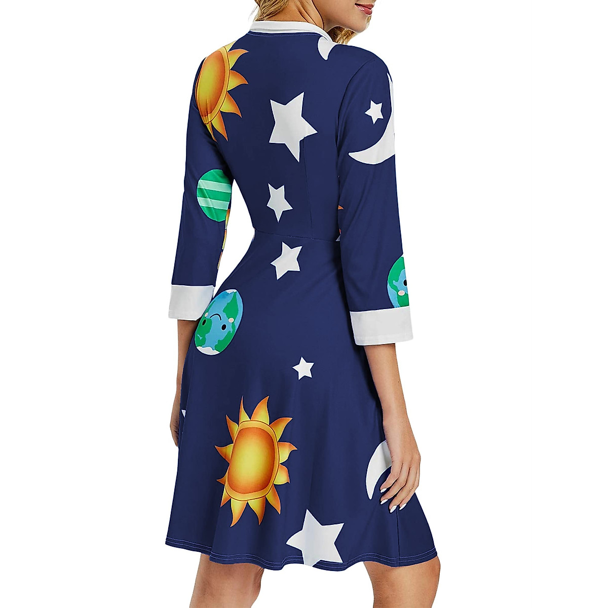 ZEZCLO Women's Long Sleeve Peter Pan Collar A-line Dress Halloween Costume Vintage Solar System Fit and Flare Dresses Dark Blue L