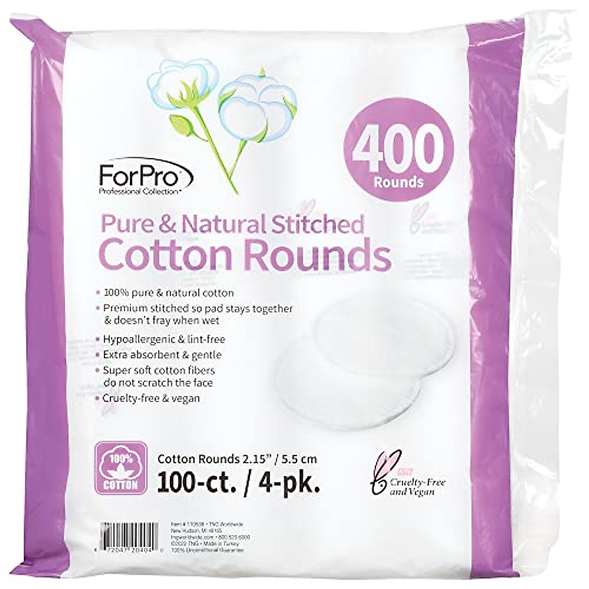 ForPro Professional Collection Pure & Natural Stitched Cotton Rounds for Face, 100% Pure Cotton Makeup Remover Pads, Hypoallergenic, Lint-Free, Vegan & Cruelty-Free, Pack of 4-100 Cotton Pads