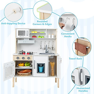 Costzon Kids Kitchen Playset, Wooden Pretend Cooking Toy Set w/Sound, Microwave, Oven, Ice Maker, Range Hood, Stoves, Sink & 18 Accessories, Play Kitchen for Toddlers, Gift for Boys Girls Ages 3+