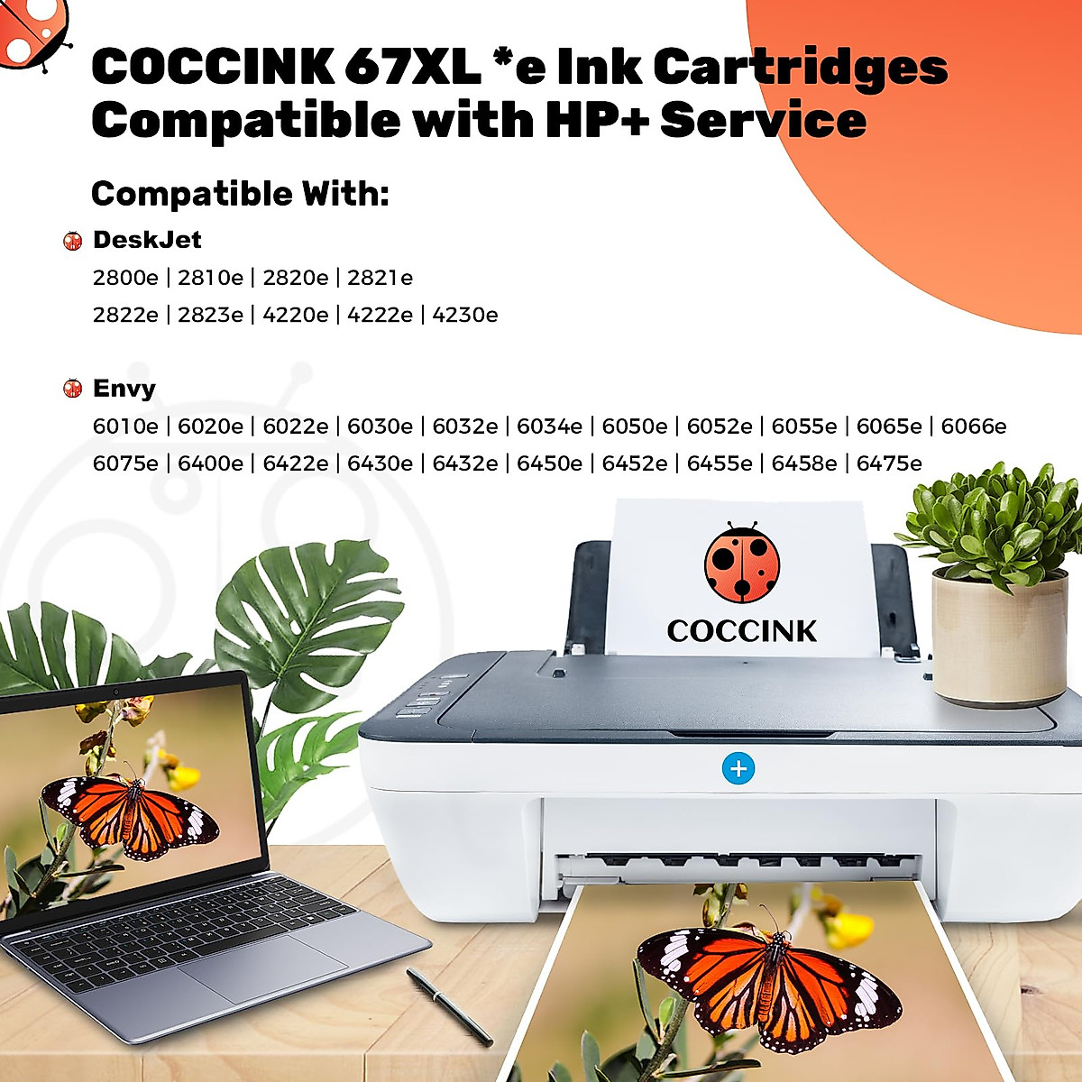 COCCINK 67XL Ink Cartridges for HP DeskJet 2800e 2842e 2852e 2855e 4255e Envy 6000 6052e 6055e 6058 6065e 6400 6452e 6455e 6075e 6458e 6475e Printers for HP Ink 67 XL Black Color Combo Pack