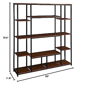 5 Tier Bookshelf, Industrial Tall Bookcase, Rustic Freestanding Storage Shelf for Living Room, Bedroom and Home Office, Metal Frame, Display Décor Furniture
