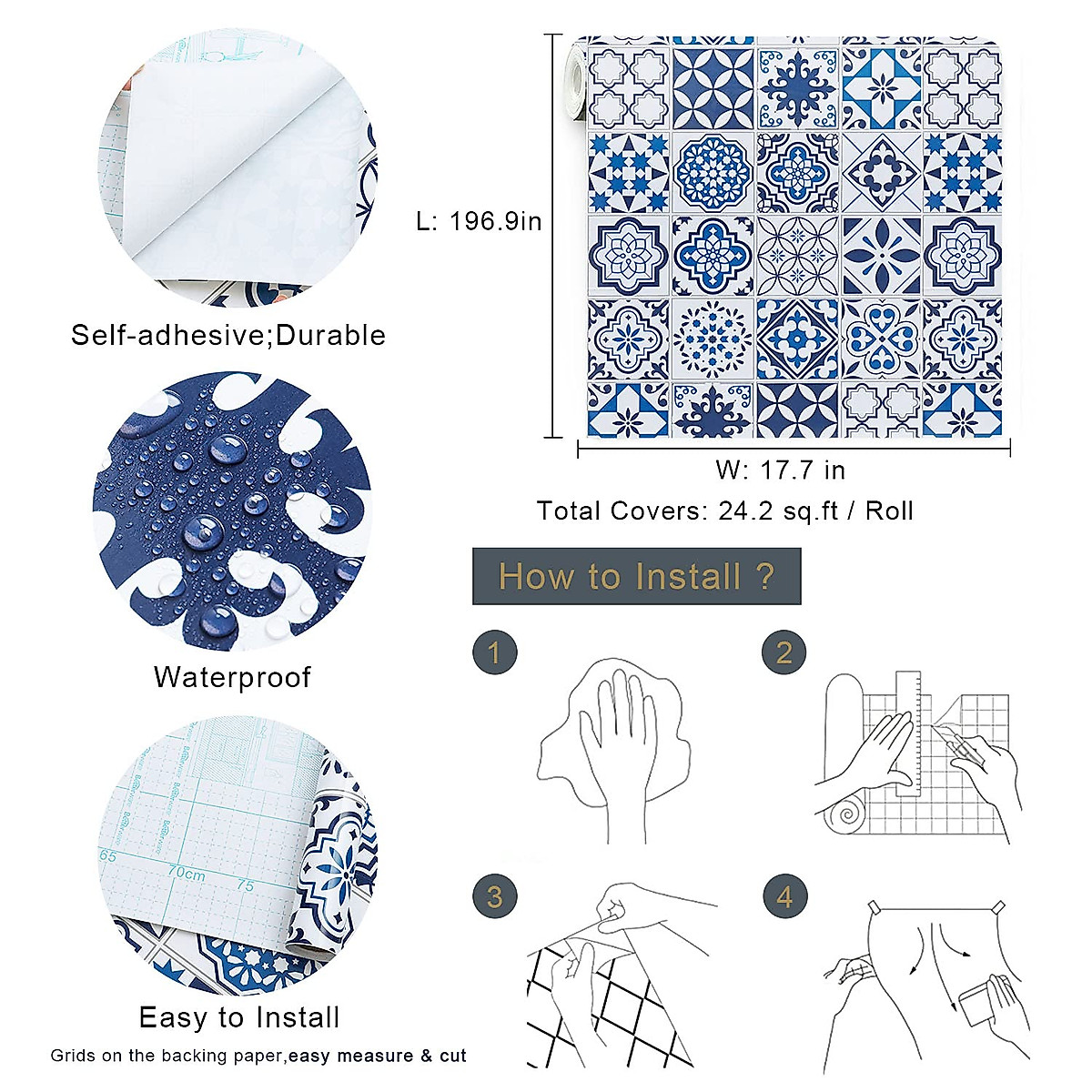 197"x 17.7"Blue Pattern Contact Paper Glossy Surface Waterproof Contact Paper Decorative Self Adhesive for Kitchen Bathroom Counters Removable Counter Paper Peel and Stick Wallpaper Easy to Clean