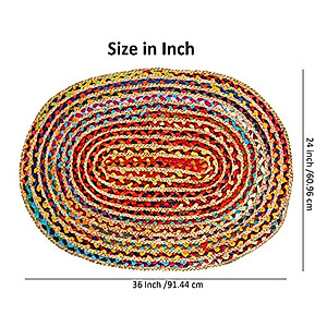 KEMA Jute Cotton Multi Chindi Braid Rug 2X3' Feet, Multi Color, Hand Woven & Reversible for Living Room Kitchen Entryway Rug,Jute Burlap Cotton Rag Rug 24x36 inch, Farmhouse Rag Rug, Rustic Rug