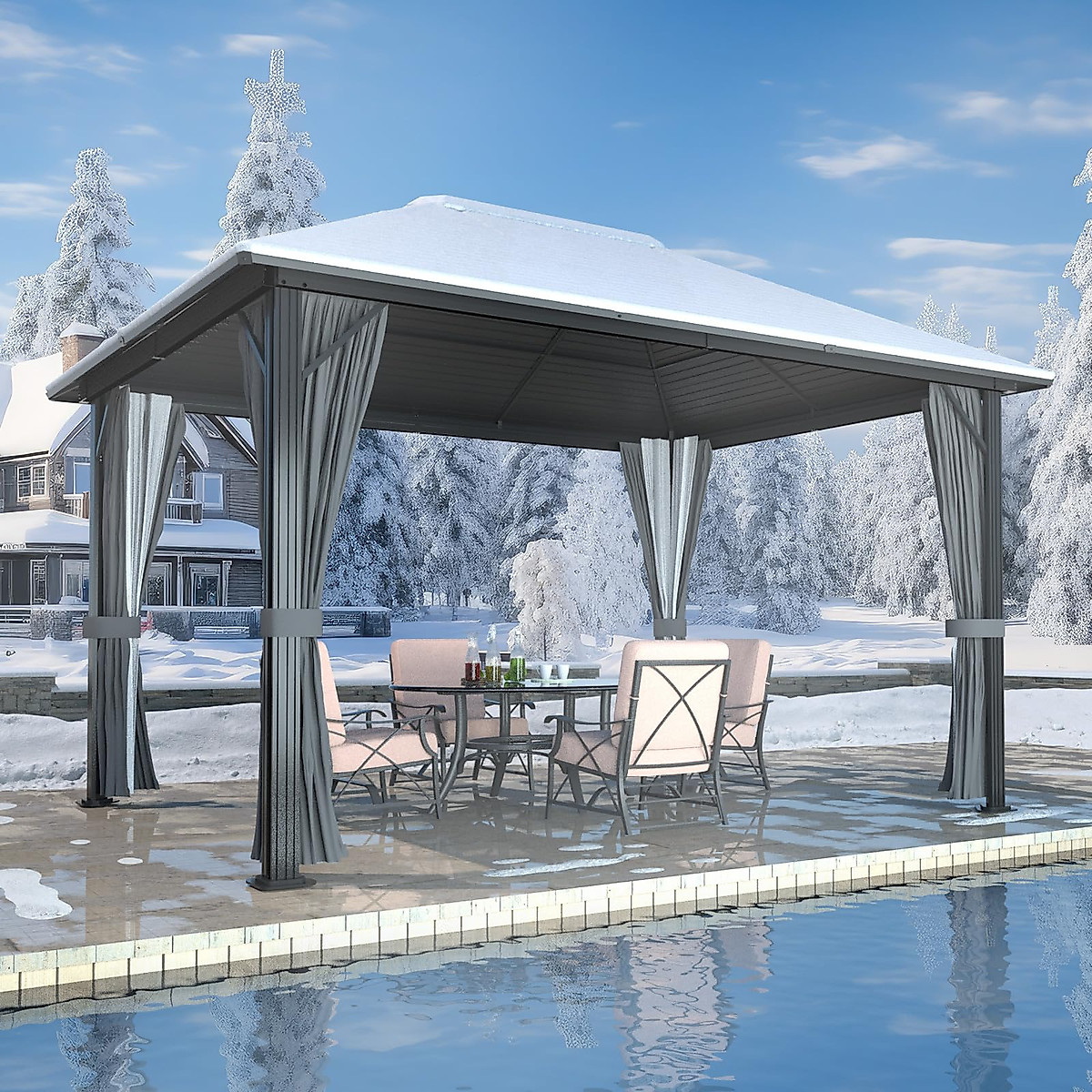 VEIKOU 10' X 12' Outdoor Gazebo, Galvanized Steel Hardtop Gazebo w/Netting and Curtains, Patio Gazebo with Single Roof, Heavy Duty Gazebo for Garden, Lawn, Deck, Backyard