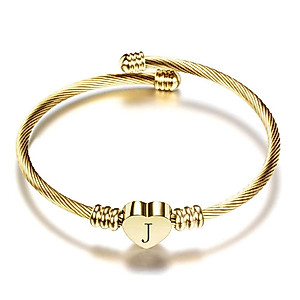 MiniJewelry Gold Women Girls Letter J Initial Bracelets Love Heart Charm Alphabet Name Cuff Bangle Bracelet Stainless Steel