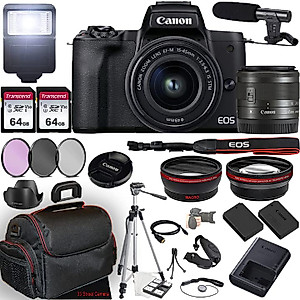 Canon EOS M50 Mark II Mirrorless Camera w/EF-M 15-45mm f/3.5-6.3 is STM Lens + 2X 64GB Memory + Microphone + Filters + Tripod + More (35pc Bundle)