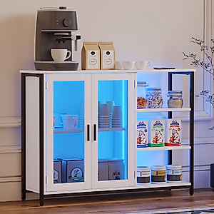 LVSOMT LED Farmhouse Coffee Bar Cabinet, Wine Cabinets with Removable Wine Rack, Buffet Cabinet with Motion Sensor for Kitchen, Dining Room (Pure White-43.3''L)