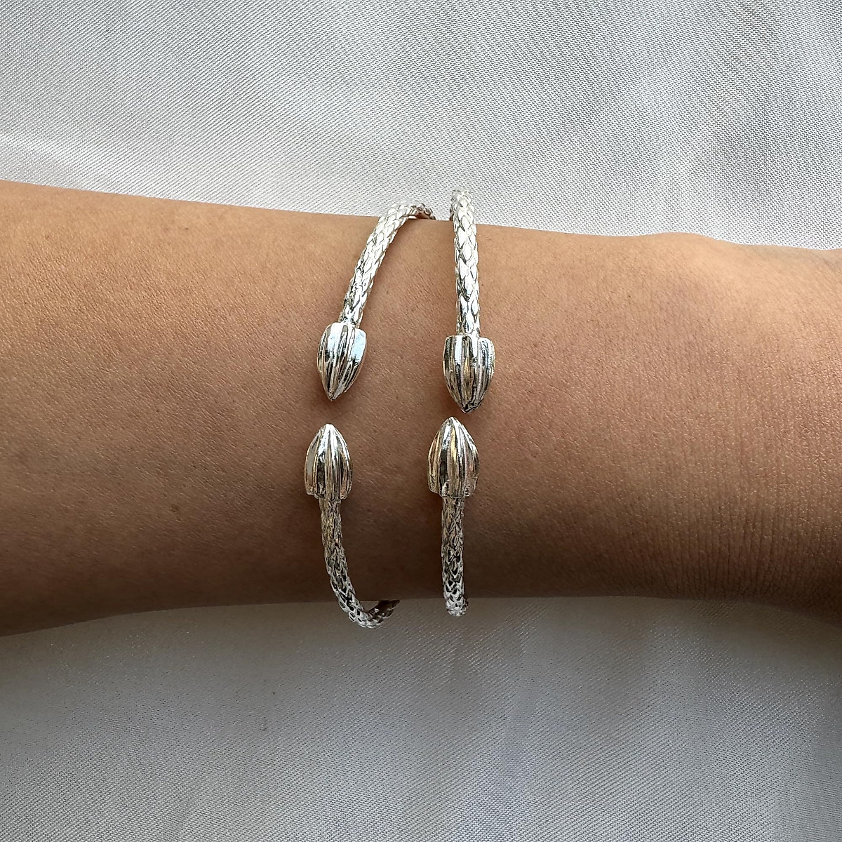 Cocoa Pods Ends .925 Sterling Silver West Indian Bangles Handmade Women Men Bracelets Caribbean Jamaican West Indies Gift Jewelry - PAIR (Made in USA)