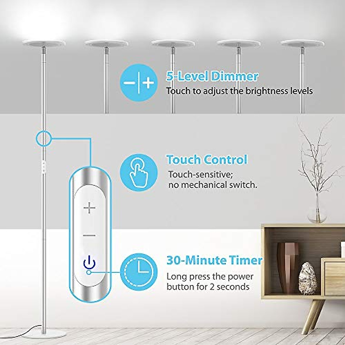 TROND Led Floor Lamp Torchiere Dimmable Floor Lamp 30W, 5500K Natural Daylight(Not Warm Yellow), 5000 lm, 71 in, 30 Minutes Timer, Detachable, Silver