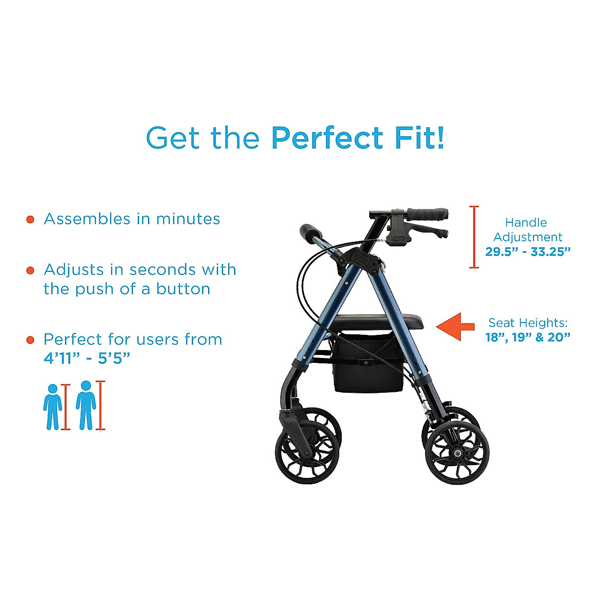 NOVA Medical Products Star 8 Rollator Walker with Perfect Fit Size System, Red, Petite, 1 Count