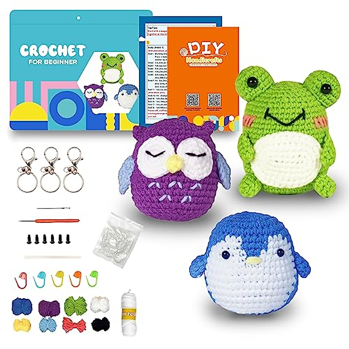 BEEBARYJ 3PCS Crochet Kit for Beginners,Crochet Starter Kit for Adults and Kids DIY Crochet Animal Kit Crocheting Knitting Kit with Step-by-Step Video Tutorials (Penguin+Frog+Owl)