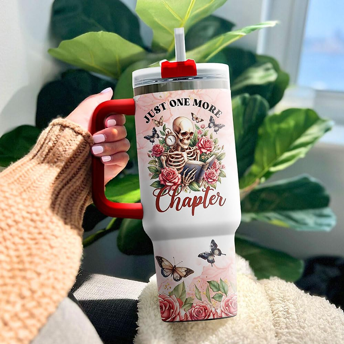 99WHALE Women More Just One Glitter Modern Red Steel Lover Hot Books Chapter, Book Gifts, Tumbler 40 Oz With Handle Lid And Straw, Book Reader Skull Rose Flower Nutrition Facts