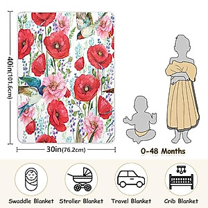 Kigai Red Poppies Birds Baby Blanket for Boys Girls, Swaddle Blankets Soft Cozy Nursery Receiving Blankets Travel Blanket Throw Blankets for Toddler Newborn, 30 x 40 Inch