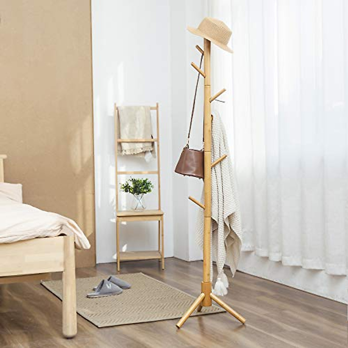 C&AHOME Bamboo Coat Rack Stand with 8 Hooks, Wooden Coat Tree Adjustable Sizes, Entryway Hall Tree Free Standing Coat Hanger Stand for Hat, Bag, Clothes, Jacket, Natural