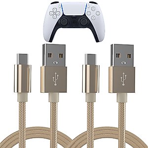 TALK WORKS PlayStation 5 Controller Charger Cable, USB C to USB A - 6' Nylon Braided Type C Fast Charging Cord for PS5 (Gold, Pack of 2) (14098)
