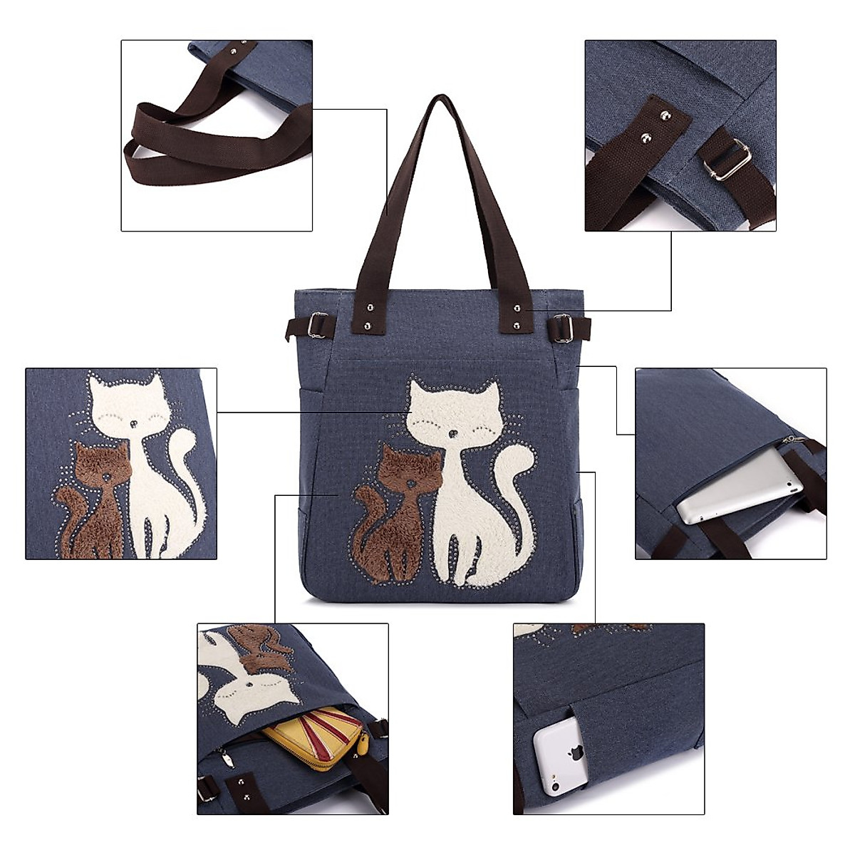 KAUKKO Women Canvas Handbag Shoulder Bag Cat Big Tote Bag