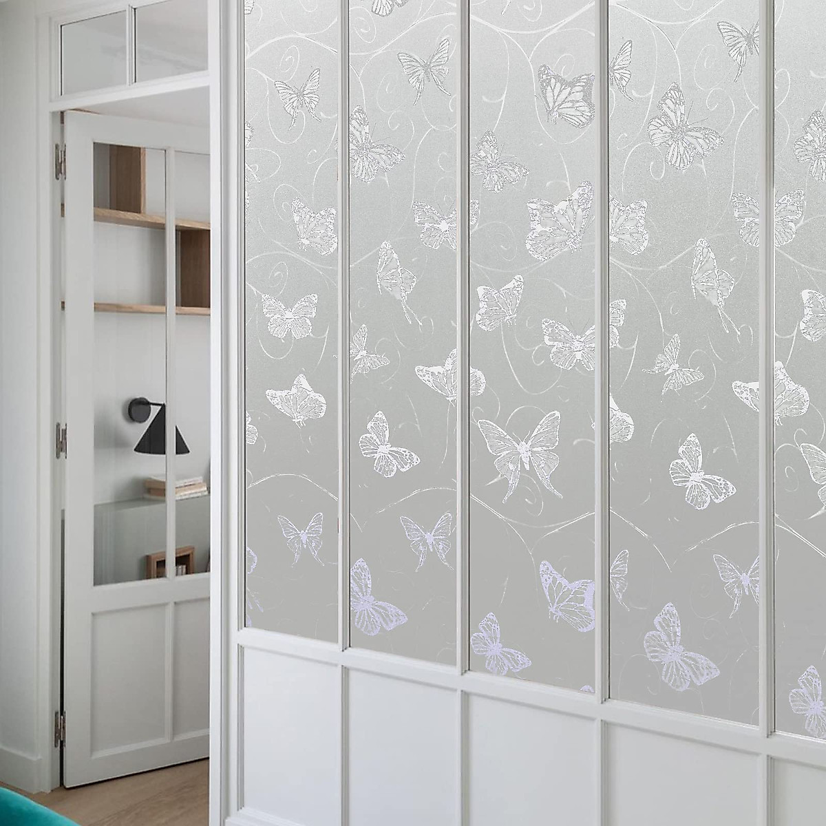 ColorfulHall Butterfly Frosted Glass Window Film Window Privacy Film,Bathroom Decor Privacy Window Film Day and Night Static Cling 90% UV Heat Blocking Window Clings(17.5X78.7 inch)