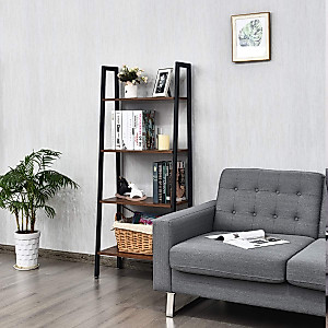 Giantex Ladder Shelf 4-Tier Industrial Bookshelf Storage Rack Shelves for Home and Office Use, Wood Display Rack with Metal Frame (Rustic Brown)