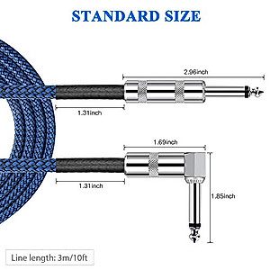 JOLGOO 1/4 Inch Cable Guitar Cable 10 Ft Straight to Right Angle 1/4 Inch 6.35mm Plug Bass Keyboard Instrument Cable Blue and Black Tweed Cloth Jacket, electric mandolin, pro audio
