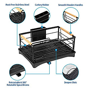 Flaovoth Dish Drying Rack, Dish Drainers for Kitchen Counter Dish Rack with Drying Drainboard and Utensil Holder, Rust-Proof Stainless Steel, Black, 16.65’’L x 11.93’’ W x 6.41’’H