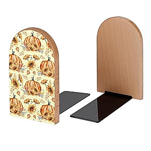 Autumn Pumpkin Sunflowers Berries Book Ends Decorative Wood Bookends for Shelves Kids Room Desk Home Office Book Stoppers for Magazines,Books, DVDs, 1 Pair/2 Pieces(5x3.1 in)