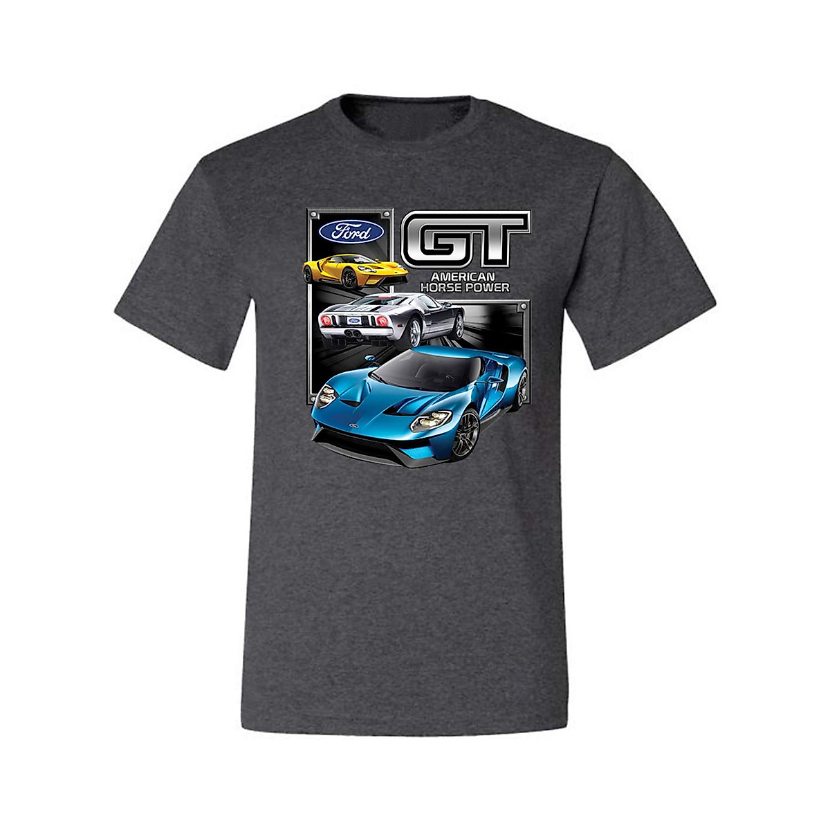Ford GT American Horse Power Mustang Cars and Trucks Men's Graphic T-Shirt, Heather Black, Large