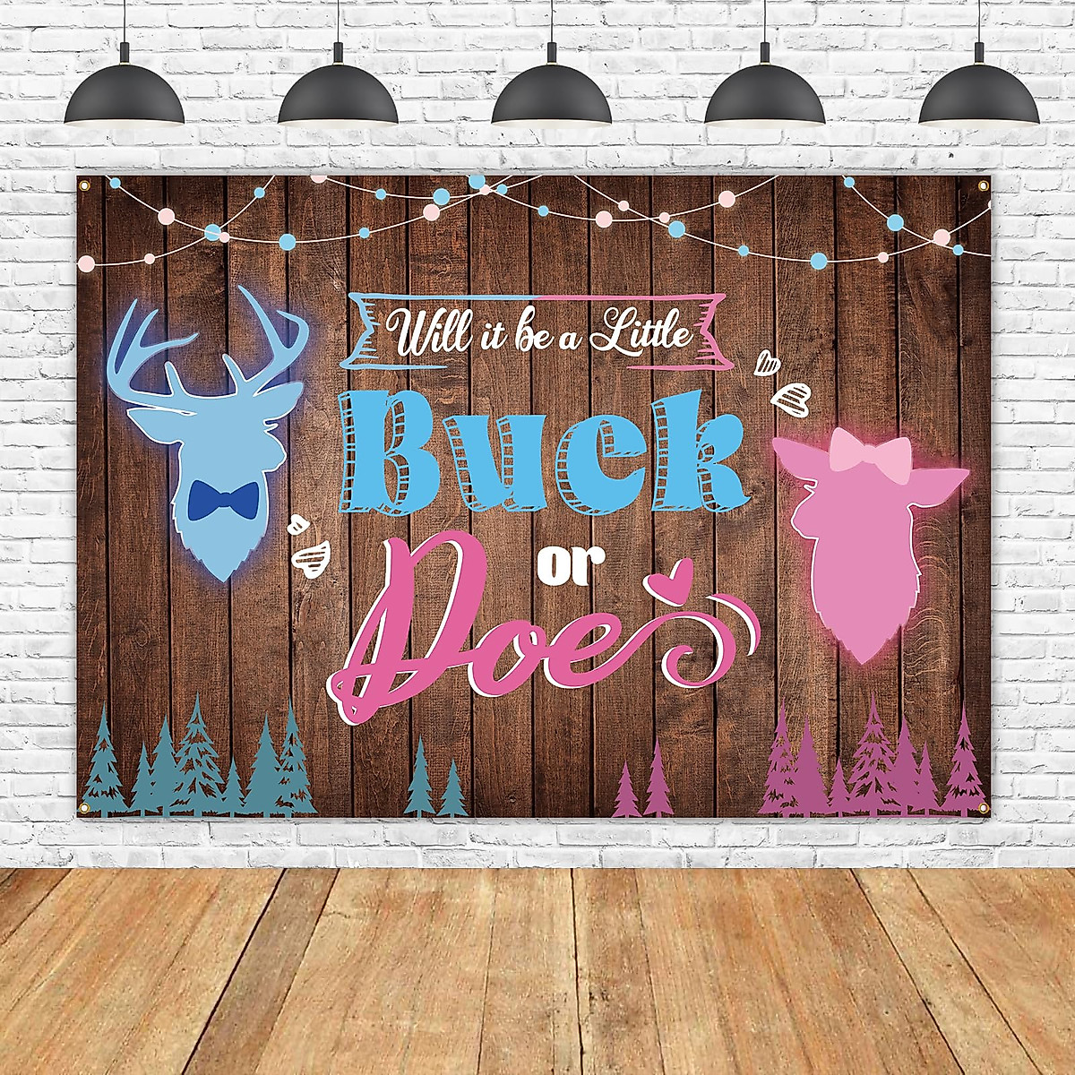 Wood Lights Deer Buck or Doe Gender Reveal Background Will it Be a Little Buck or Does 7x5ft Photography Background Props Winter Xmas Photo Booth Prop Deer Baby Shower Backdrops Party Decoration