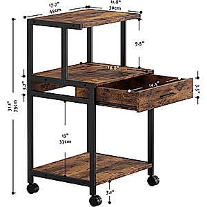 AWPFY Mobile Printer Stand Table, Rolling Cart with Drawer and 3 Tier Storage Shelf, Filing Cabinet for Home Office, Vintage Brown