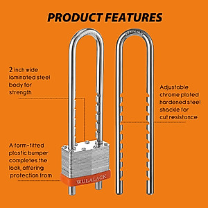 Padlock with Key, WULALACK 2 inch Wide Laminated Steel Keyed Padlock with Adjustable Shackle, Long Shackle Pad Lock with 2 Keys