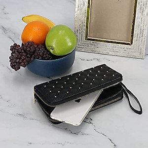 Quilted Wristlet - Double Zipper Stud Wallets for Women - Large Capacity Purse Organizer Clutch (Black)