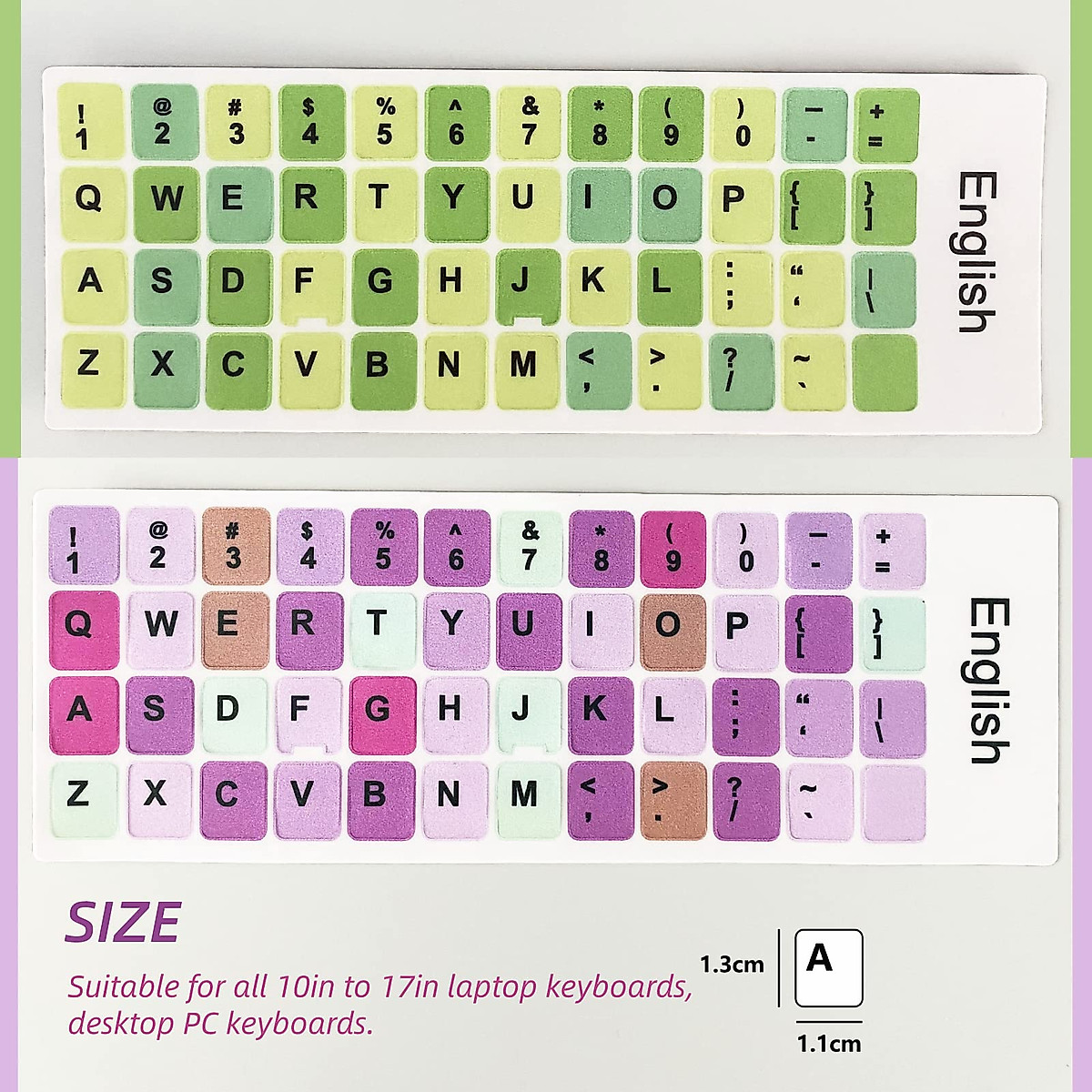 2Pcs PVC English Keyboard Replacement Letter Stickers, Colorful Background and Black Lettering, for 10-17inch Desktop Laptops(C)