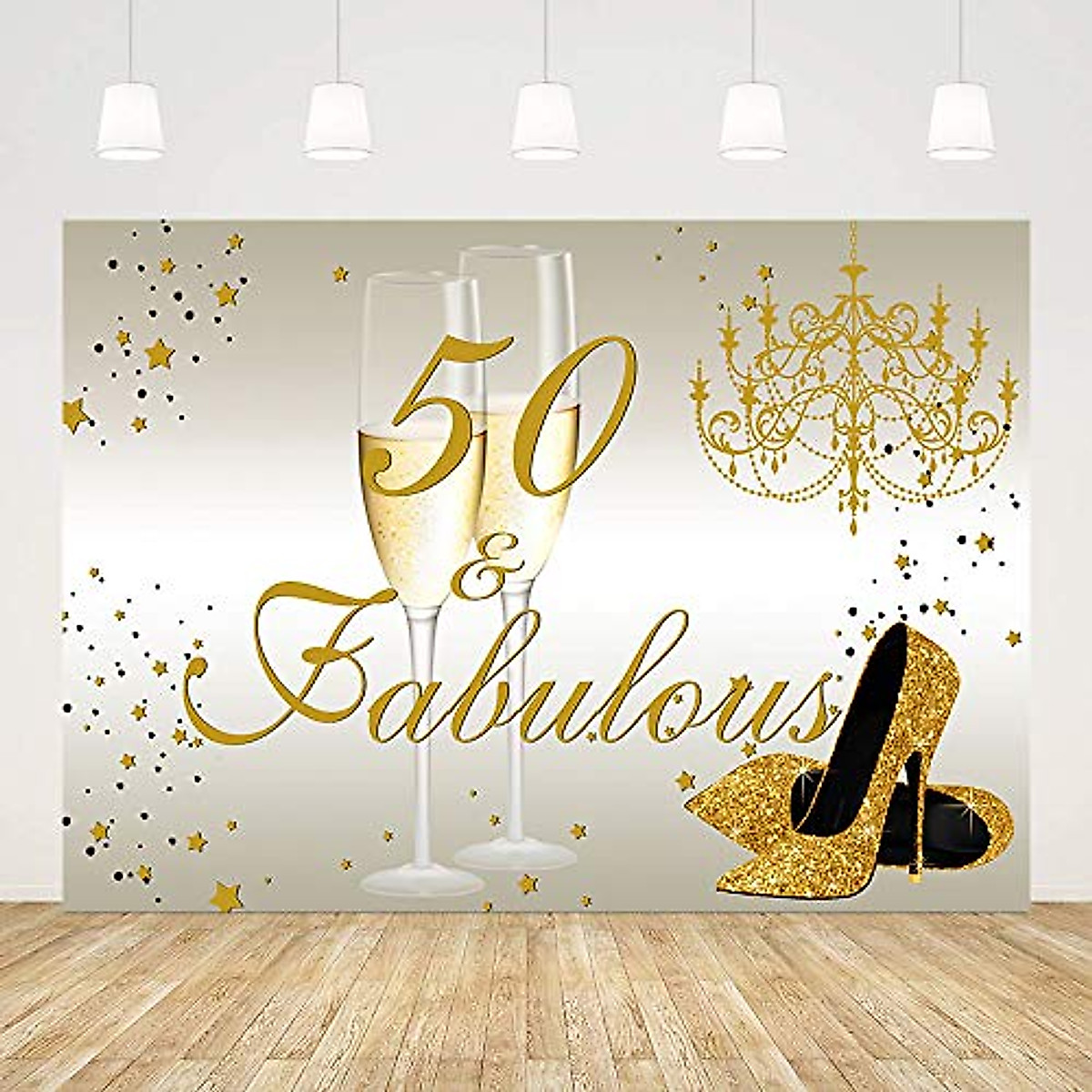 MEHOFOND Happy 50th Birthday Backdrop for Women 50th Birthday Decoration Banner Gold High Heels and Champagne Fabulous 50th Birthday Photography Background Studio Props Banner Vinyl 7x5ft