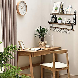 Halcent Floating Shelves Wall Mounted Storage Shelves, 2-Tier Rustic Farmhouse Wood Wall Shelf Kitchen Spice Rack Bathroom Shelf with Towel Bar and 8 Hooks