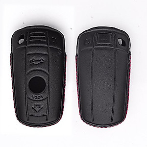 Royalfox(TM) Luxury 3 Buttons Genuine Leather Smart keyless Entry Remote Key Fob case Cover for BMW 1 2 4 5 6 Series,for bmw old smart key,with Keychain