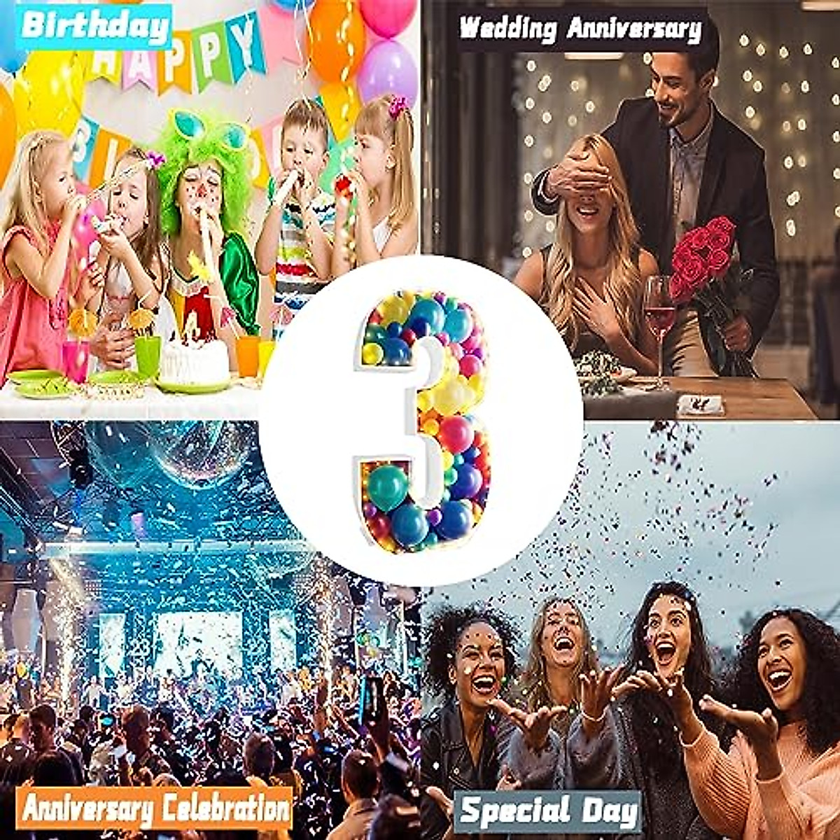 4FT Large Marquee Numbers, Marquee Light Up Numbers, Mosaic Numbers for Balloons, Number 3 Balloon Frame, Marquee Light Up Numbers for 30th Birthday Decorations, Anniversary Party Decor Foam Board