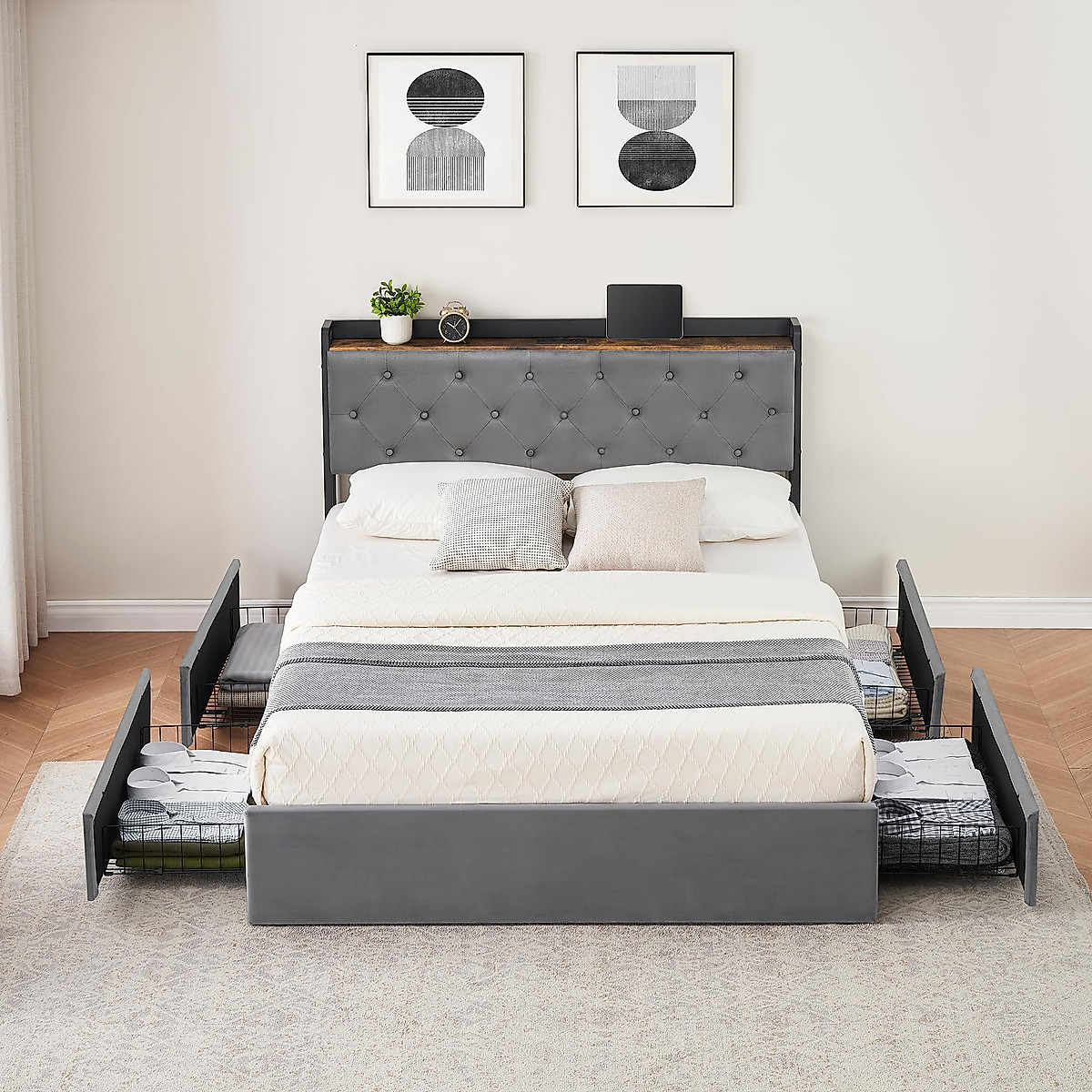 IDEALHOUSE Queen Size Bed Frame with 4 Storage Drawers and Charging Station, Upholstered Velvet Platform Bed Frame with Storage Headboard and Sturdy Wooden Slats Support, No Box Spring Needed