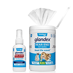 Glandex Anal Gland Medicated Spray for Dogs & Cats (4oz) and Glandex Anal Gland Hygienic Pet Wipes 75 Ct Bundle, Dog Deodorizing Spray & Anti-Itch Spray for Dogs, Dog Cleaning Wipes with Fresh Scent