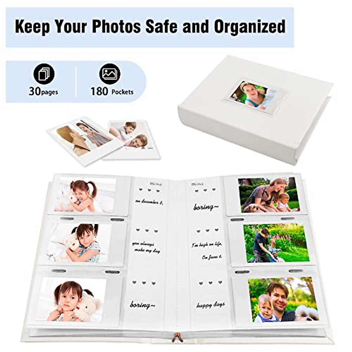 Photo Album for Fujifilm Instax Mini Camera, Polaroid Camera, Instax Photo Album with Memo Areas, 180 Pockets 2x3 Photo Album with Writing Space for Instax Mini 12 11 40 9 7+ Evo Liplay Camera,White
