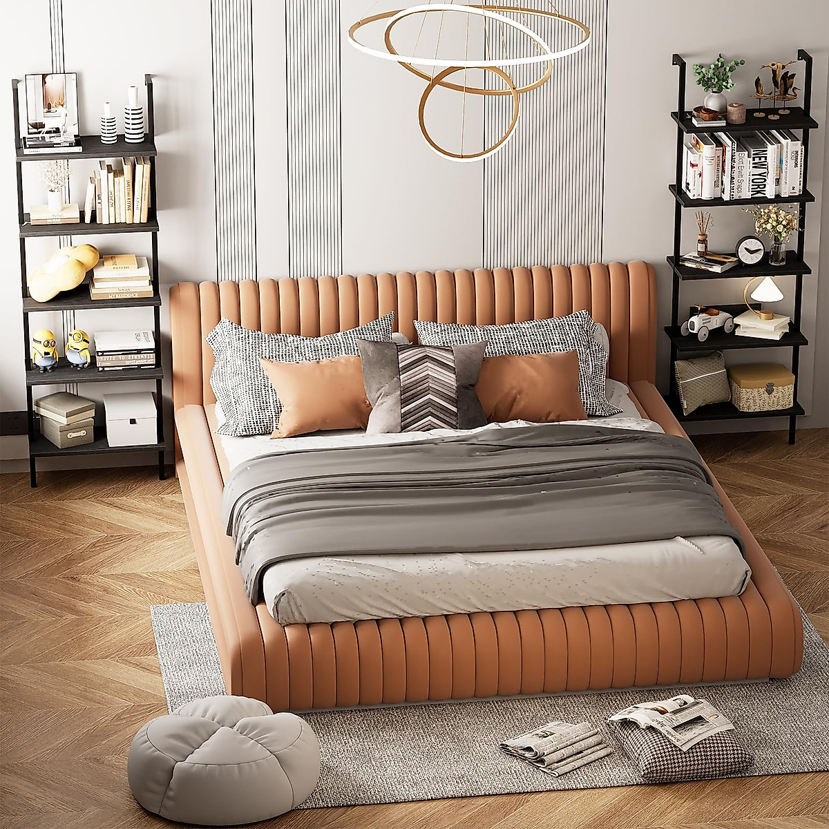 aboxoo Ladder Shelf Open 5-Tier Bookshelf Wall-Mounted Black Wood Bookcase Storage Rack Open Industrial Modern Plant Stand Utility Organizer Bookcase Metal Frame Furniture Office Bedroom