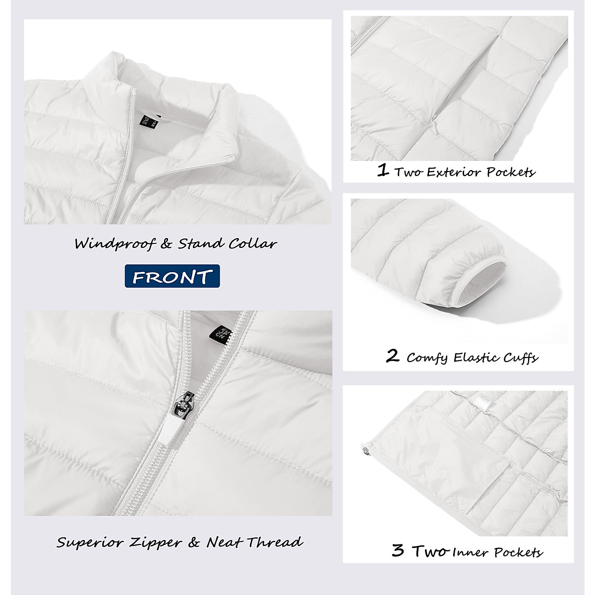 MAGCOMSEN Women's Puffer Jacket Ultra-lightweight Quilted 4 Pockets Full Zip Stand Collar Jackets Winter Warm Coat, White S