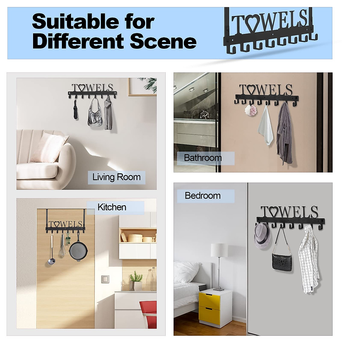 Kruodop Over The Door Hooks,Towel Holder for Bathroom, Black Towel Rack Coat Rack, Wall Mount Door Towel Hooks for Bedroom Kitchen, Door Towel Hanger for Hanging Hat Clothes Bathrobe Bag