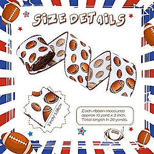 Football Wired Ribbon 2 Rolls 20 Yards Football Printed Wired Ribbon 2 Inches Wide Football Ribbon Football Wired Edge Ribbon for DIY Crafts Wreath Bow Package Wrapping Supplies, White Brown Black