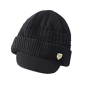 LLmoway Men Women Winter Knit Hat with Visor Warm Cuff Beanie Fleece Lined Snow Ski Skull Cap Black