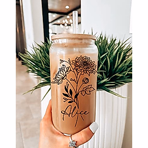 Personalized Name Birth Flower Glass Cup Custom Ice Coffee Bridesmaid Gift Her Friend Birthday Mother's Day Bachelorette Party Aesthetic Boho Floral Beer Can Tumbler Bamboo Lid Straw