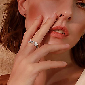 LOVPEPY Initial Letter Ring for Women, Silver Stackable Heart Butterfly Alphabet Rings with Initial Adjustable Crystal Inlaid Rings Bridesmaid Gift (B)